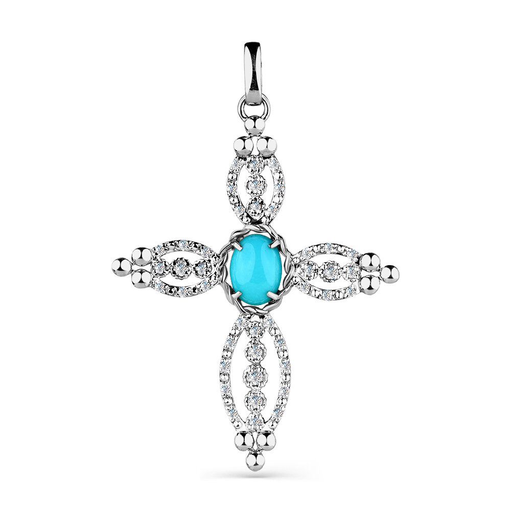 Крестик, белое золото, 585 проба, бриллиант, бирюза