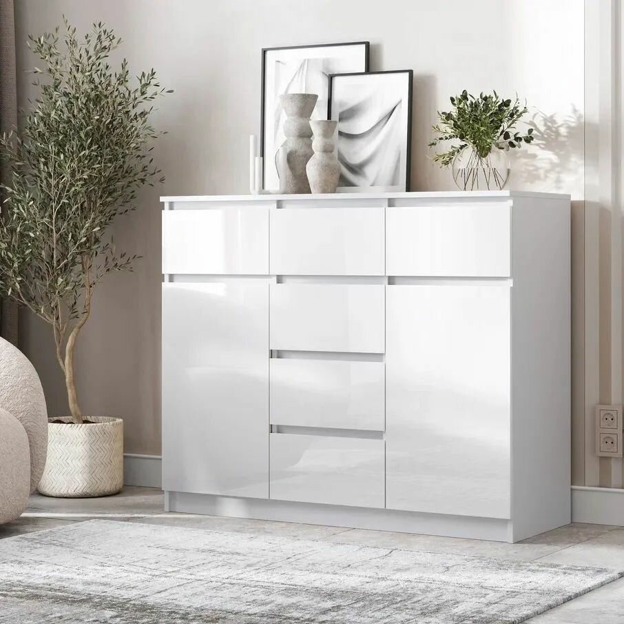 Комод Челси 1200 2 двери 6 ящиков Белый Глянец/Белый