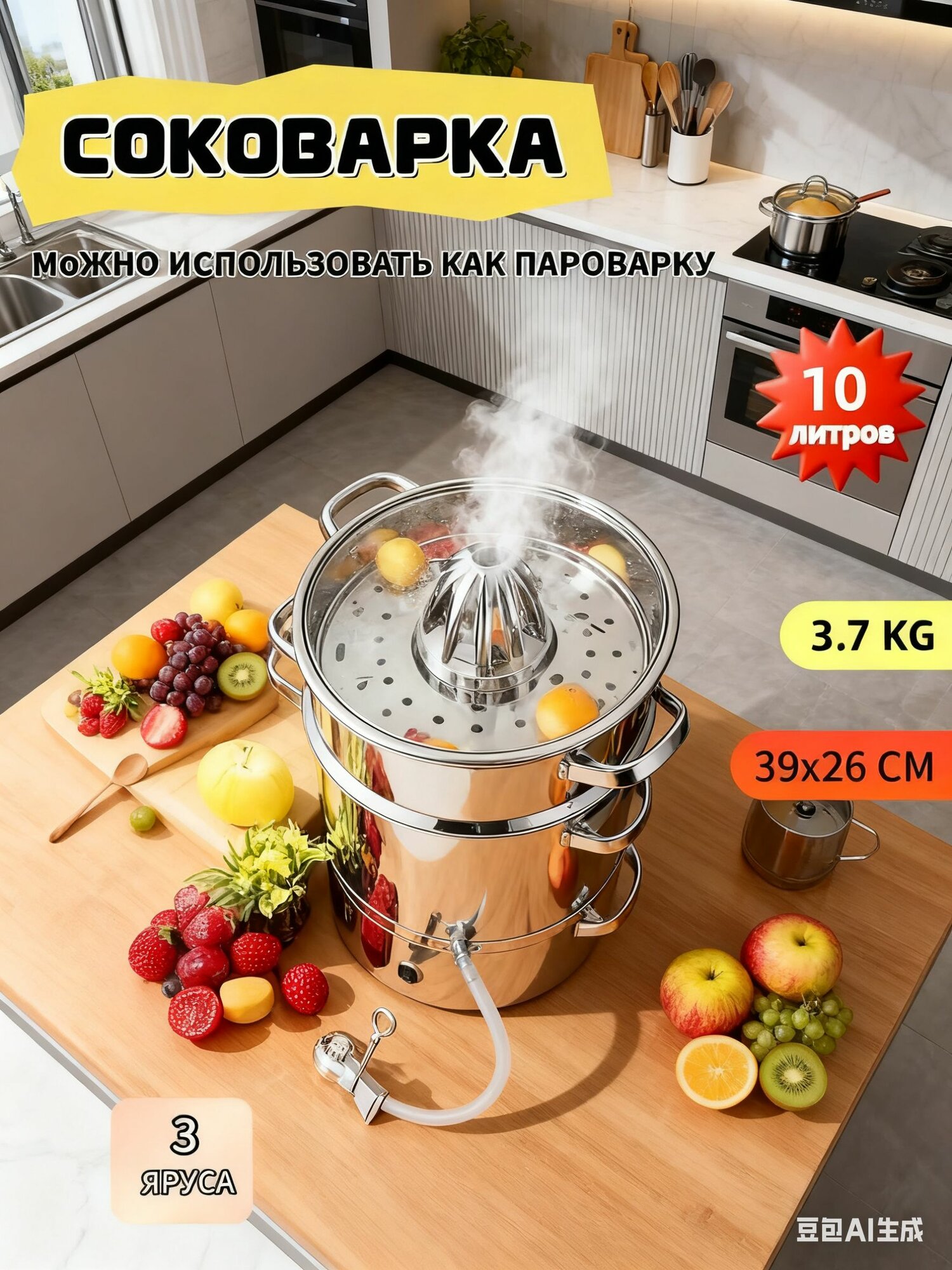 Соковарка, Нержавеющая сталь, 3 яруса, 8 л