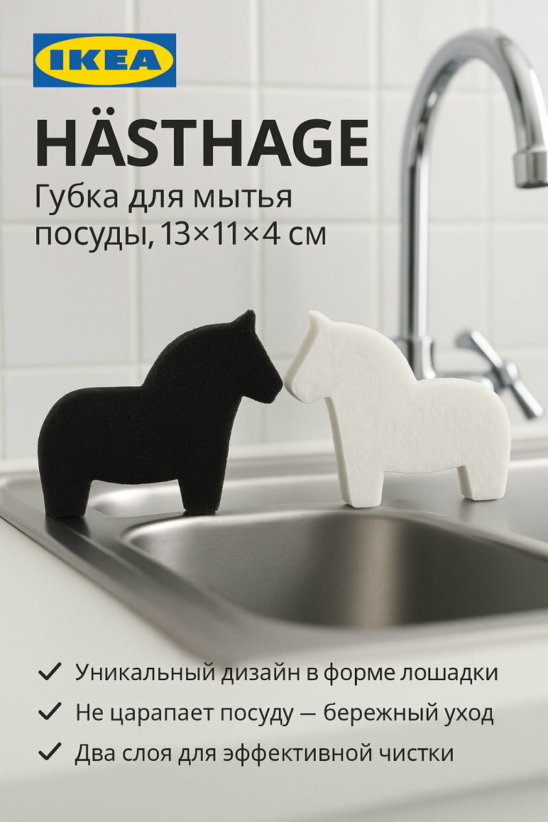 Губка для мытья посуды HASTHAGE, 13 х 11 х 4см, черно-белая, пенополиуретан, 1шт