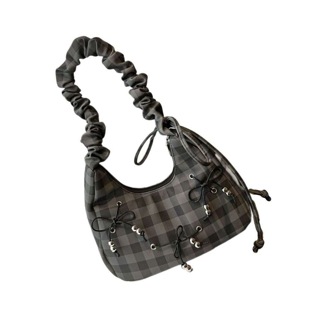 Модная повседневная плиссированная сумка в клетку с диагональным бантом на одно плечо и подмышками-черный