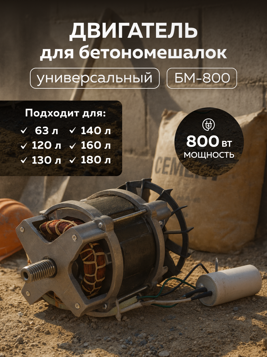 Двигатель универсальный для бетономешалки БМ-800, мотор для бетоносмесителя, мощность 800 Вт