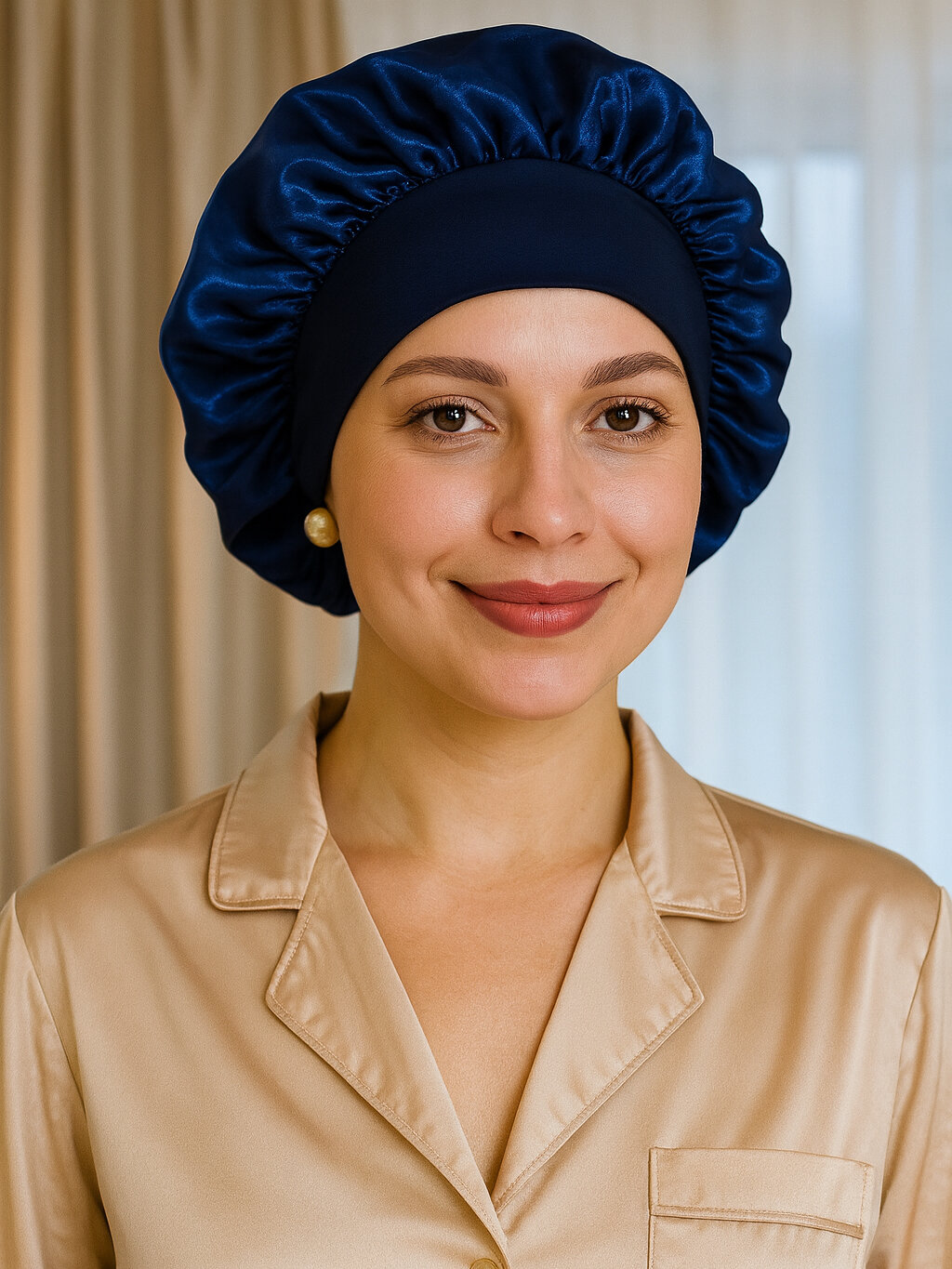 Шапочка для сна WMA STORE, атласная, шелковая, синяя, с эластичной лентой, женская, 52-60