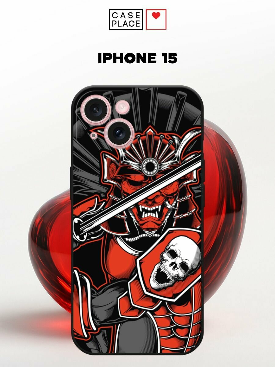 Черный матовый чехол на Apple iPhone 15 / Айфон 15 с принтом Самурай с черепом