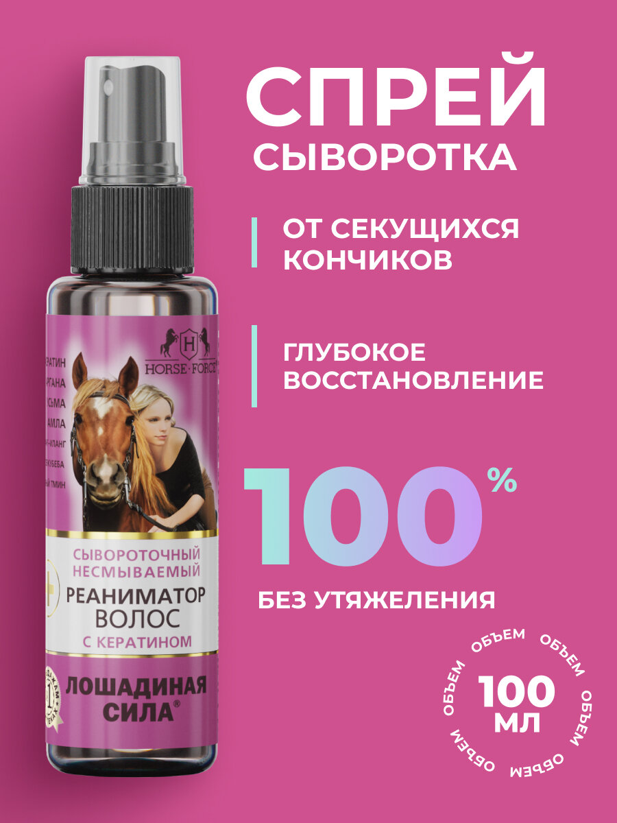 Спрей для волос лечебный Сывороточный Реаниматор с кератином и маслами Лошадиная Сила, для легкого расчесывания 100мл