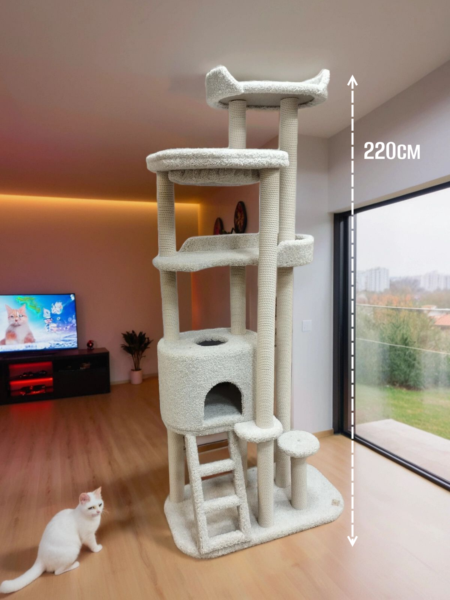 Игровой комплекс для кошек, Моя Котя, с большим гамаком, "Небоскреб", белый ковролин и хлопковый канат