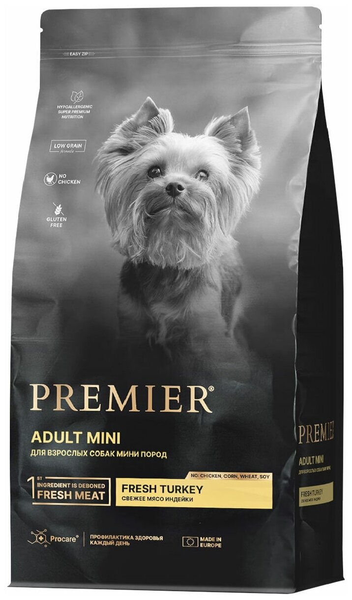 Корм сухой Premier Low Grain Dog Adult Mini Turkey низкозерновой для собак маленьких пород, индейка, 1 кг