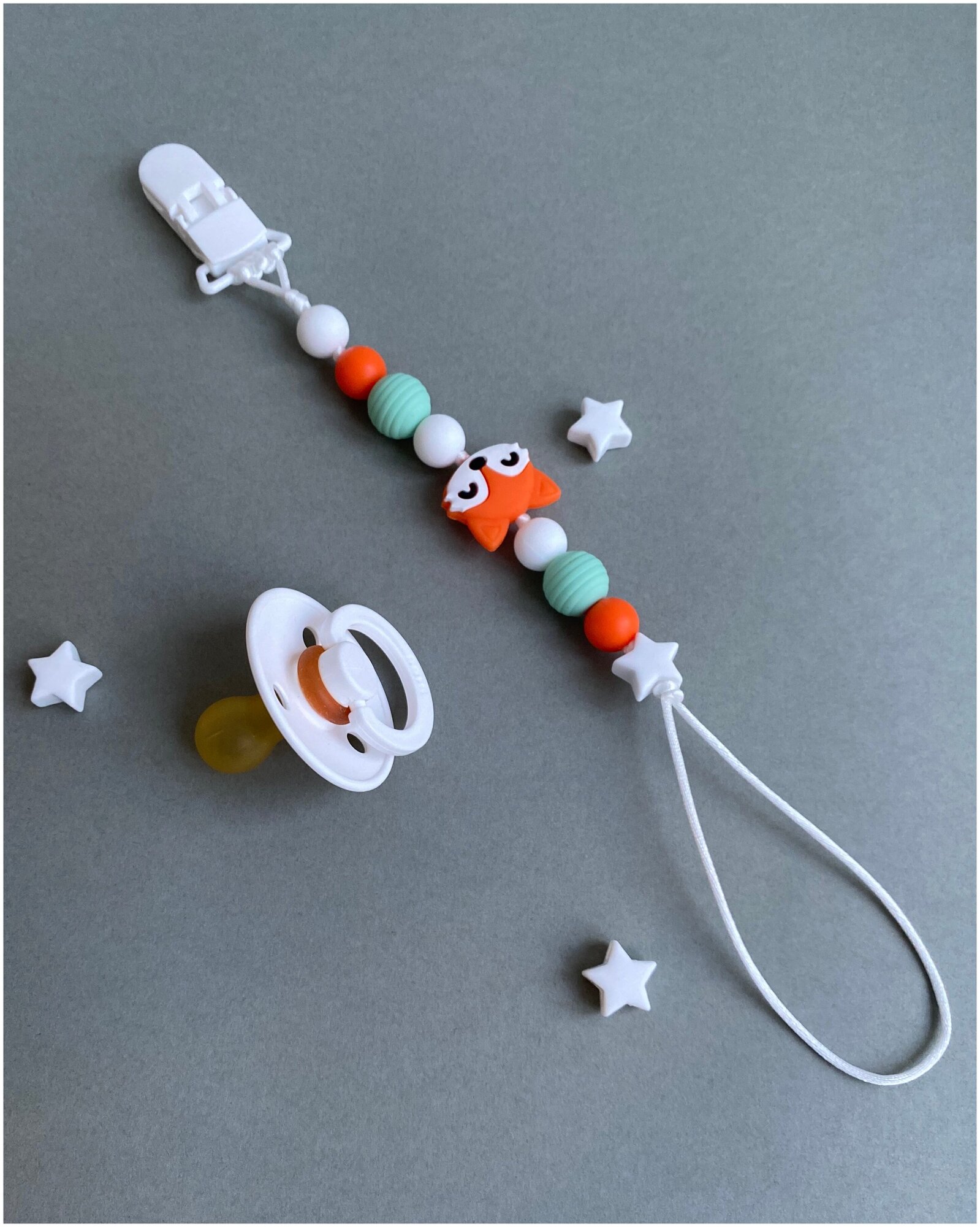 Держатель для пустышки - грызунок прорезыватель для зубов , держатель для соски пустышки силиконовый, клипса для пустышки, "Лисичка", 06155010