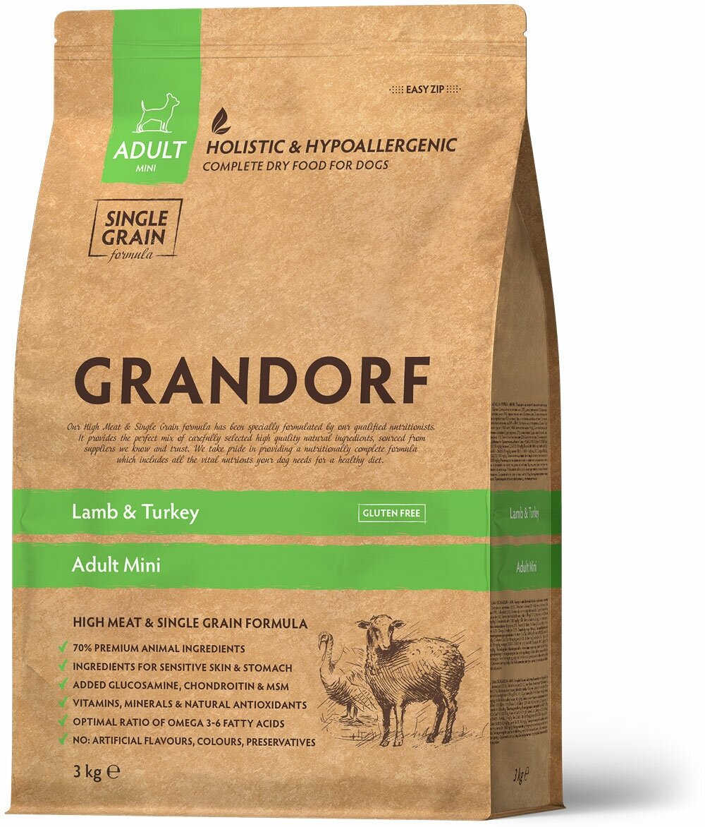 Сухой корм Grandorf Mini Lamb & Turkey для взрослых собак мелких пород от 1 года с ягненком и индейкой 3 кг