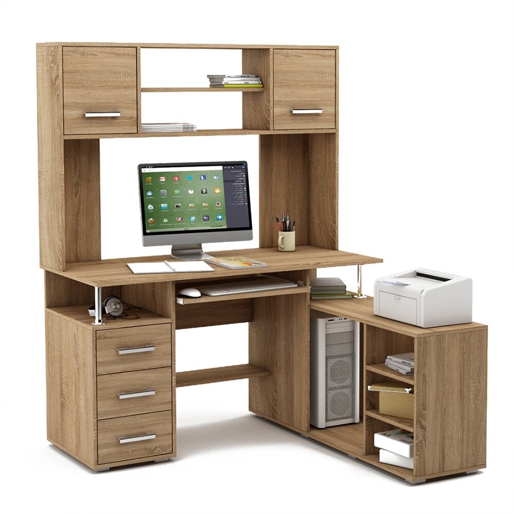 Компьютерный стол "Амбер (Реал) 24К", с отделением для системного блока и надстройкой, 130x130х165см