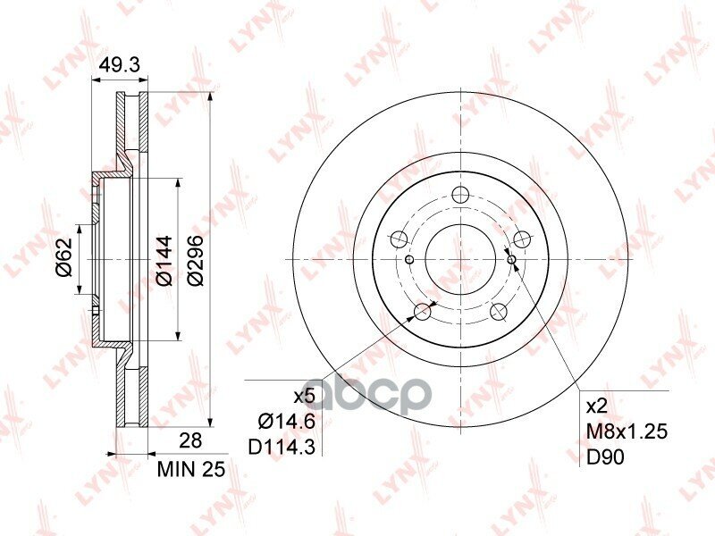 Тормозной диск TOYOTA Camry(V4/50) 2.0-3.5 06> / Prius 1.8h 11> / RAV 4 III-IV 2.0-3.5 05>, LEXUS ES250-350 06> (296x28) LYNX.