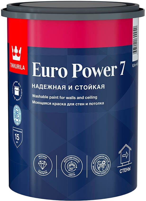 Краска моющаяся Tikkurila/Tikkivala Euro Power 7 база С бесцветная 0,9 л