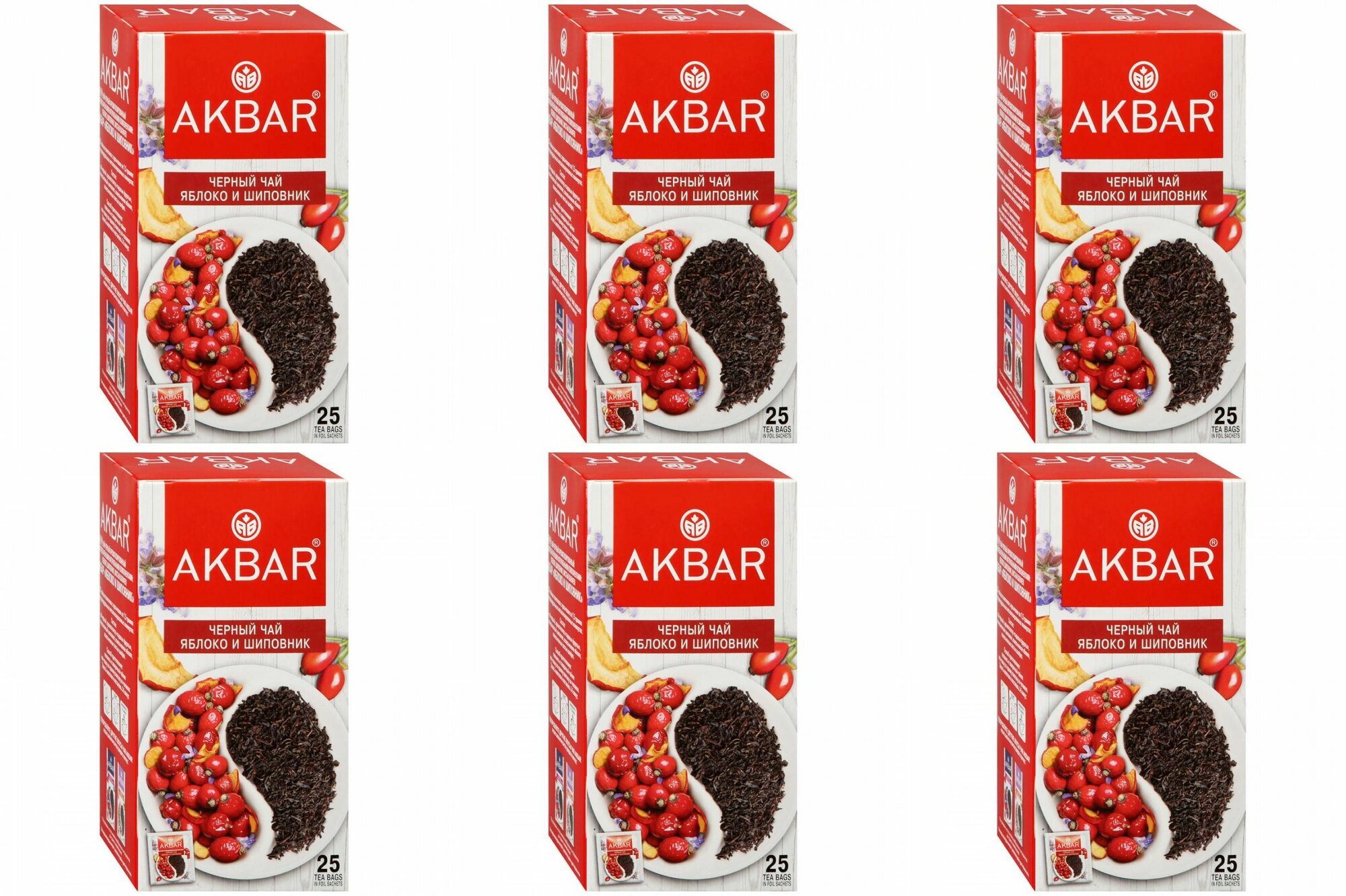 Akbar Чай черный Яблоко и Шиповник, 25 пакетиков 1,5 г, 6 уп