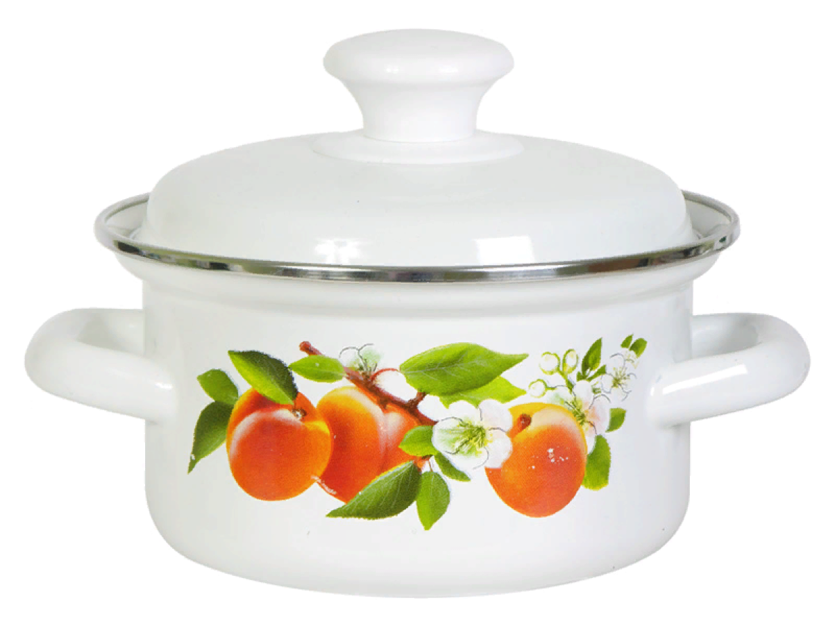Кастрюля эмалированная Керченский металлургический завод с крышкой, белого цвета с рисунком, 1.5л / посуда для газовых и электрических плит