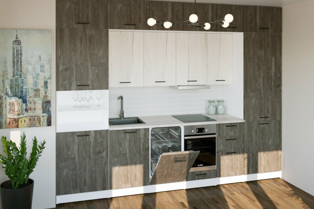 Кухонный гарнитур Сиена люкс, 3000 мм, ЛДСП, 300 кг, серый/белый