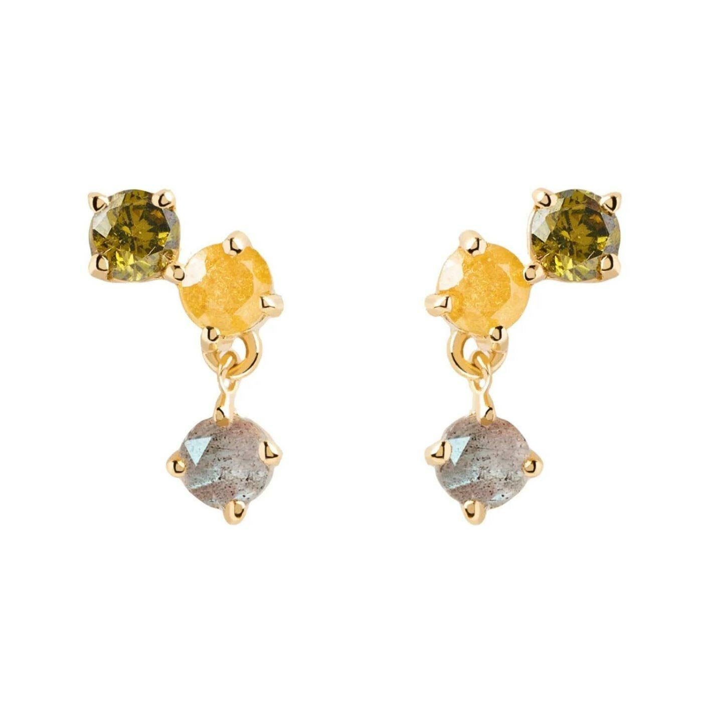 Серьги с подвесками, серебро, 925 проба, золочение, лабрадорит, фианит