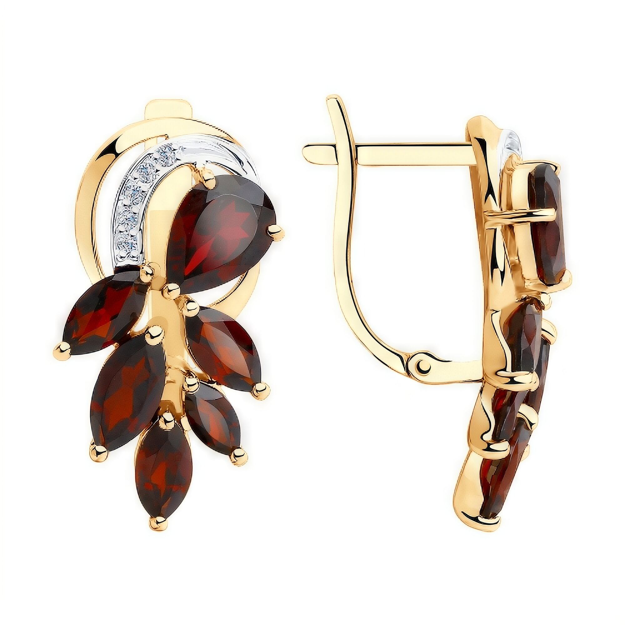 Серьги, красное золото, 585 проба, гранат, фианит