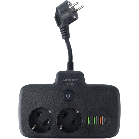 Сетевой удлинитель с USB Amper T2535B 2 розетки, 3usb, 1Type-C, 1кн, 2500 Вт, 10А, 0,2м, 3*0,75мм, черный.