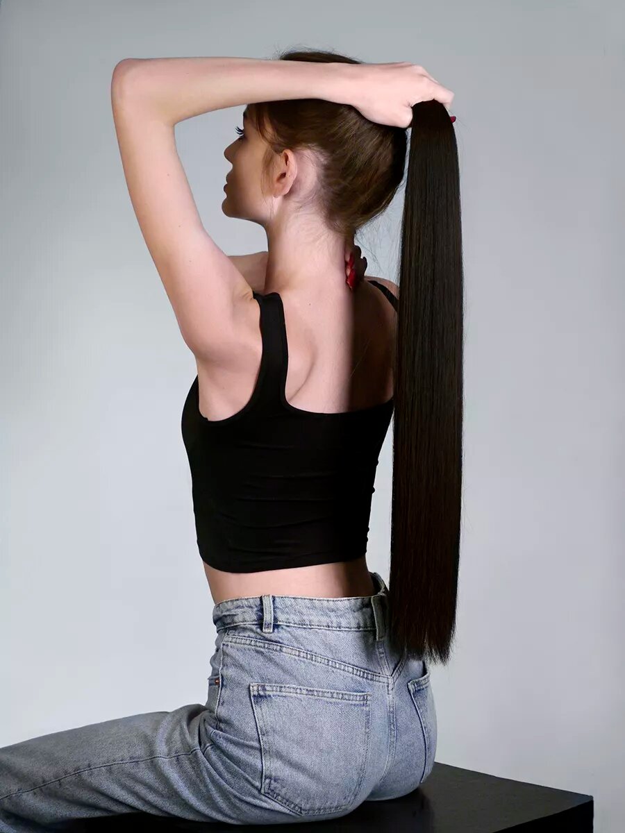 Хвост шиньон на резинке накладной длинный 50 см черный