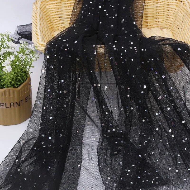 Блестящая сетчатая ткань с горошком 100х150 см, спандекс/полиэстер Черный, Black