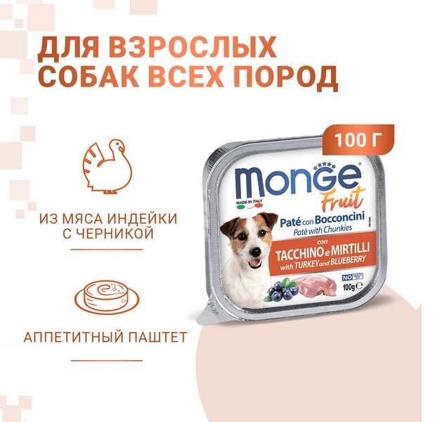Консервы для собак индейка с черникой Mong Dog Fruit 4шт. x 100 г.