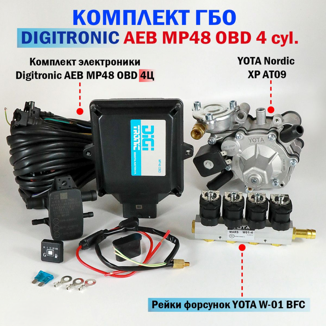 Комплект ГБО (4 цилиндра): AEB MP48 OBD, Nordic XP, W-01