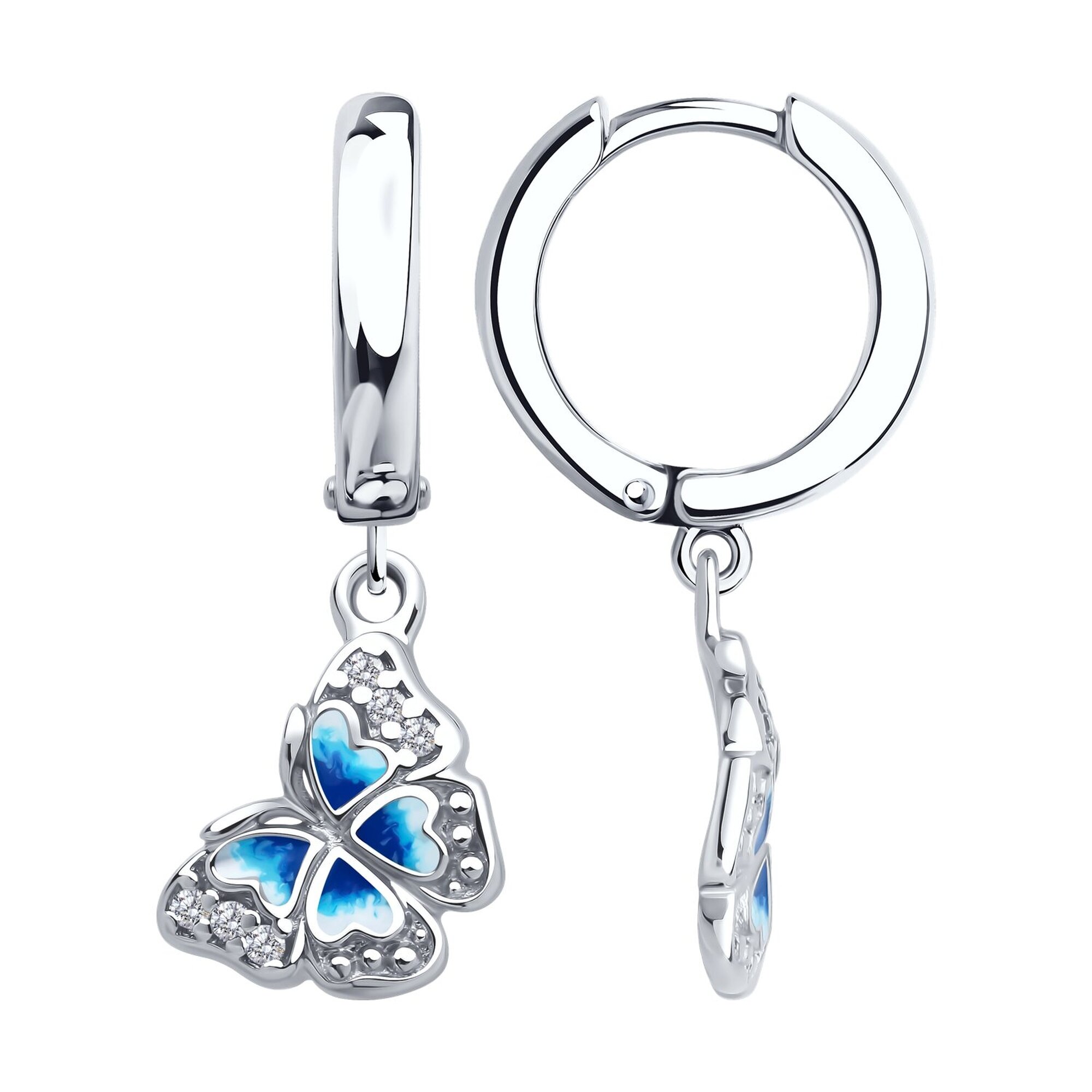 Серьги, серебро, 925 проба, родирование, фианит, эмаль