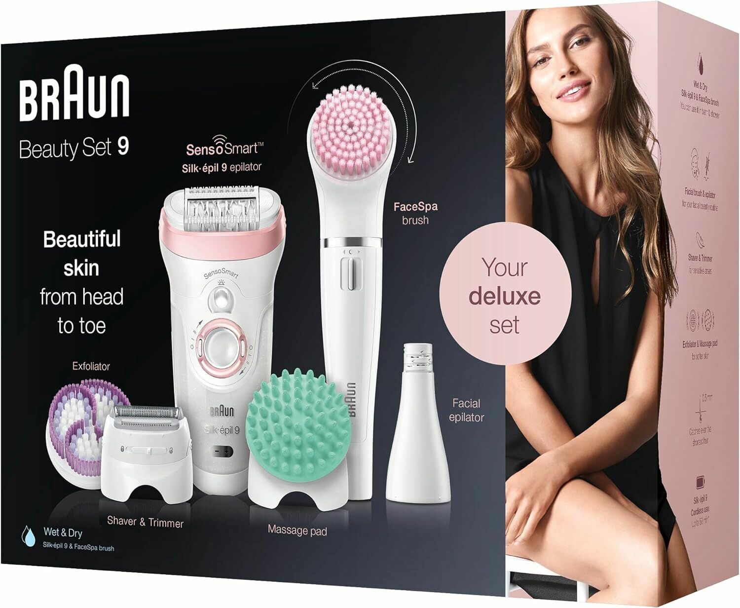 Braun Silk-pil Beauty-Set 9 9-995 Deluxe Беспроводная влажная и сухая эпиляция 9-в-1 эпилятор, бритва, пилинг, набор для очищения лица и тела