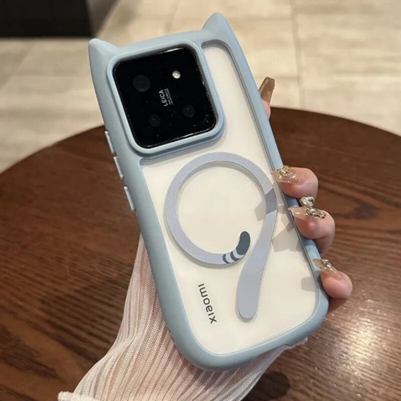 Чехол для Xiaomi с кошачьими ушками, синий, прозрачный