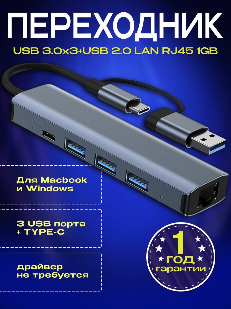 Переходник сетевого кабеля usb type-c для интернета lan