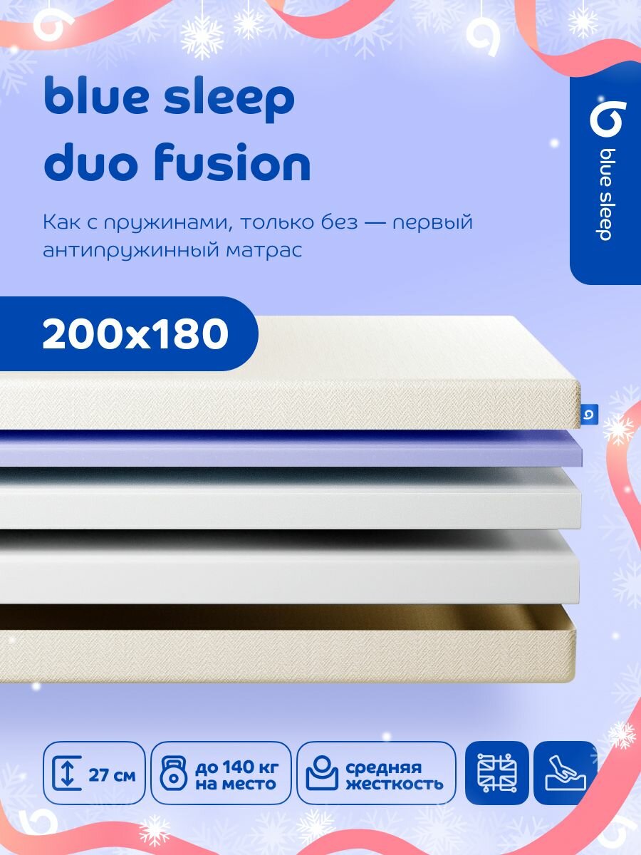 Матрас 180х200 ортопедический беспружинный на кровать Duo Fusion Blue Sleep