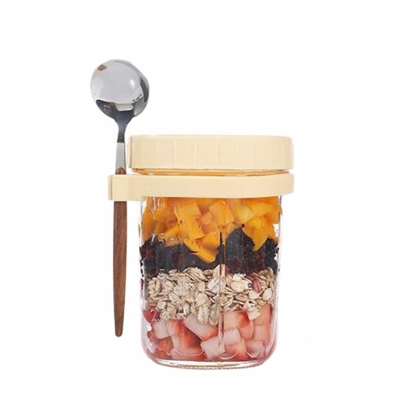 Уникальные стеклянные банки 350/600 мл для овсянки на ночь с крышкой и ложкой, идеальные для каш, йогуртов и салатов, Кремово - желтый - 350ml