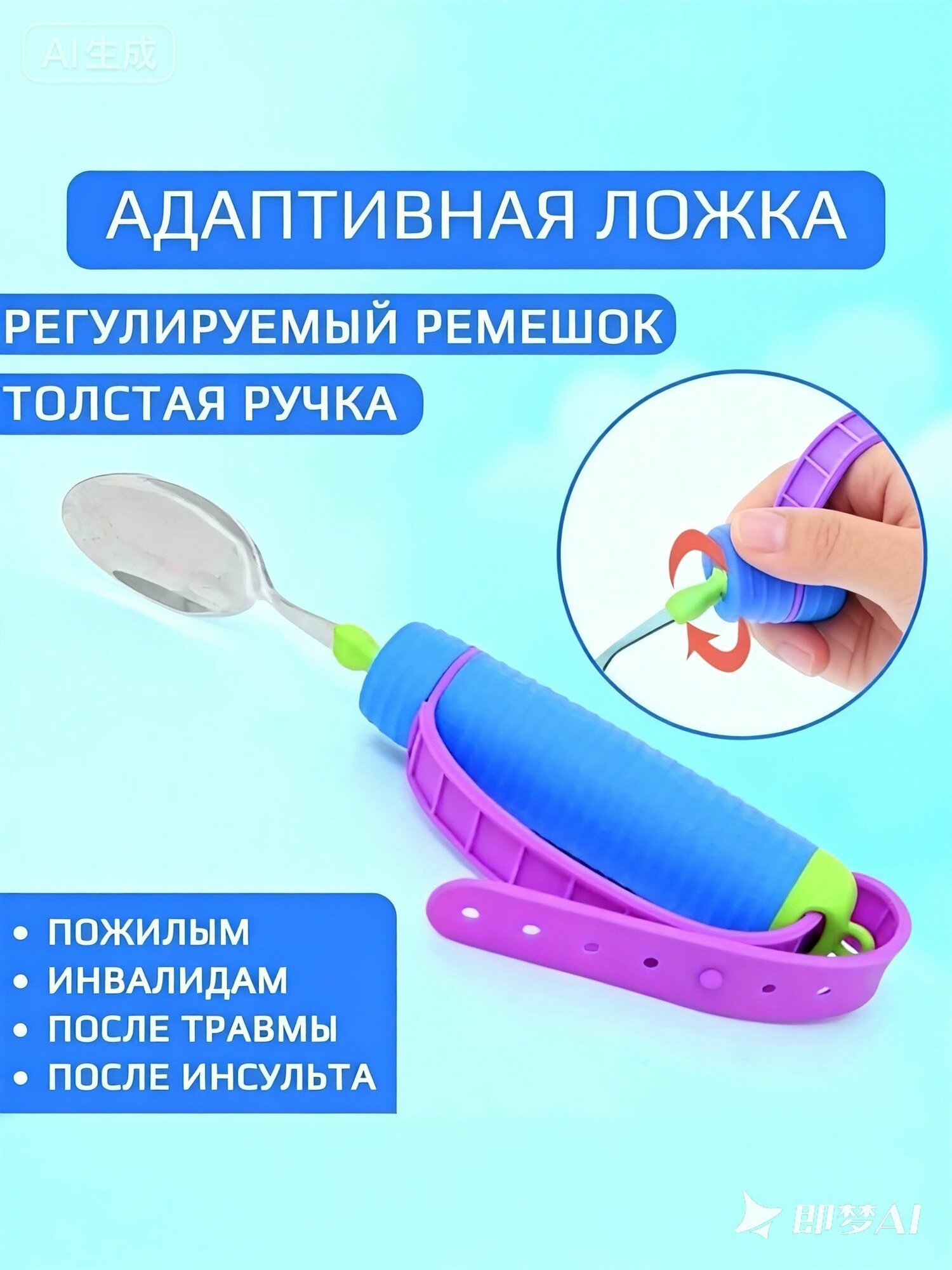 GEALFIS Адаптивная ложка с ремешком 24 см, эргономичная ручка для инвалидов и пожилых, реабилитационная посуда после инсульта и при треморе