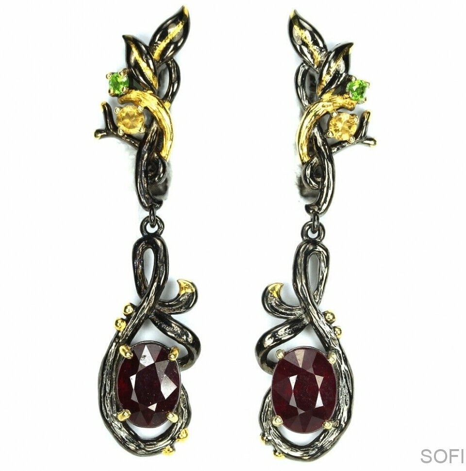 Серьги с подвесками, серебро, 925 проба, золочение, родирование, чернение, цитрин, перидот, рубин