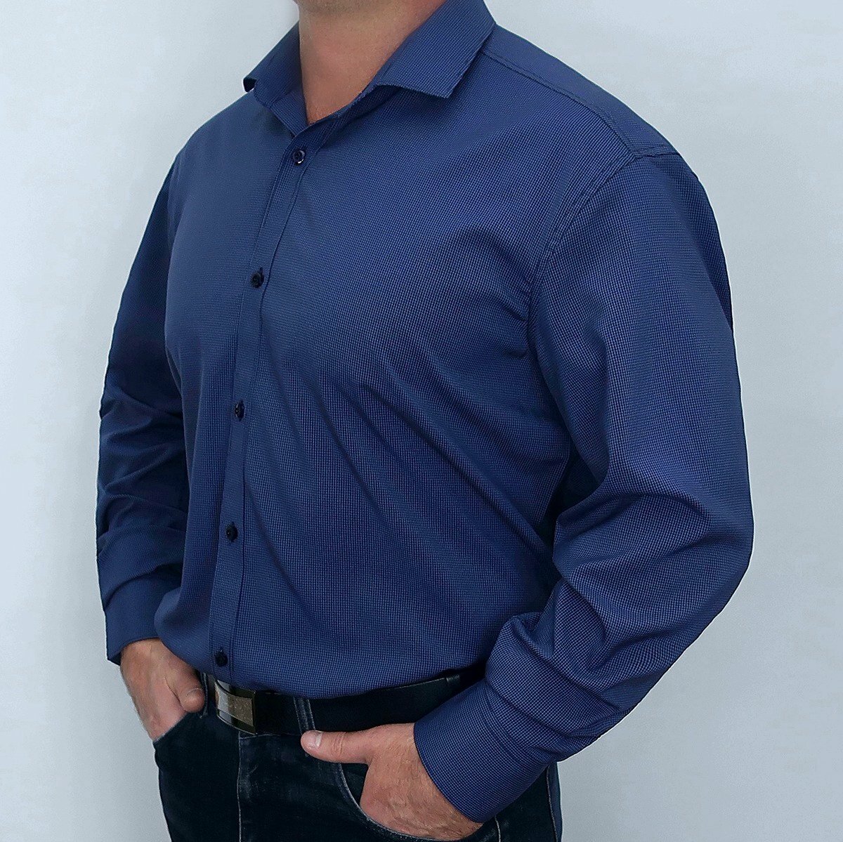 Рубашка Мужская рубашка с длинным рукавом прямая классическая, темная сорочка на пуговицах, рубаха на любой сезон, синяя мелкая клетка, без карманов, на любой сезон и на лето рубашка