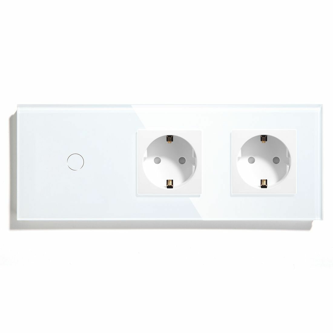 Белый одноклавишный сенсорный выключатель с двумя розетками, рамка из закаленного стекла