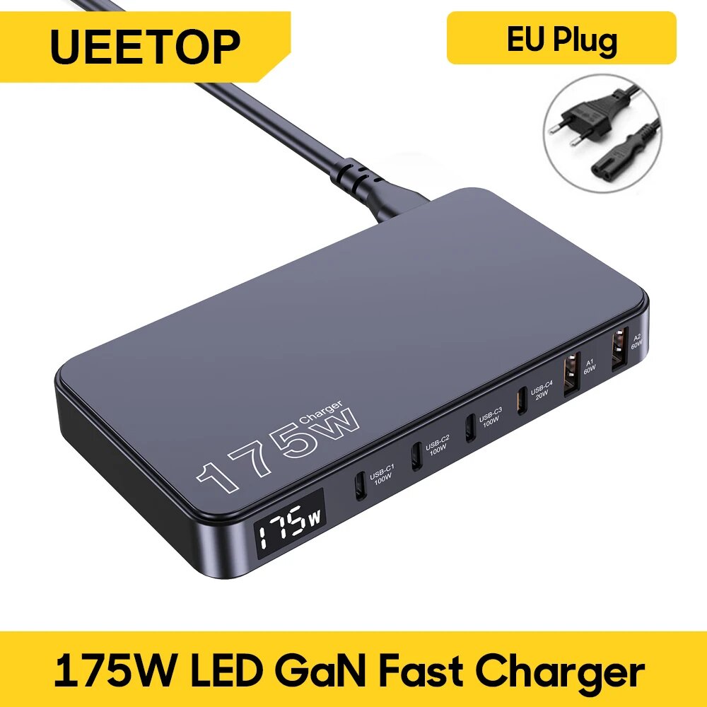 Ueetop 175W GaN зарядная станция EU Plug с LED-дисплеем