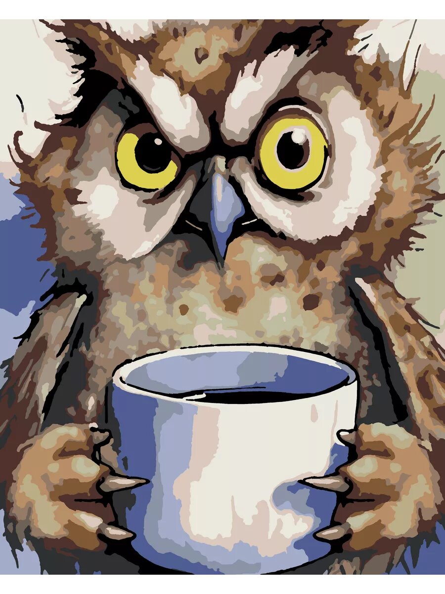 Картина по номерам Сова с кружкой. Филин и кофе 40х50 см