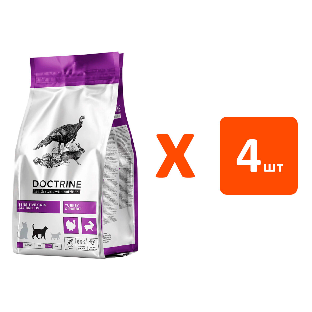 DOCTRINE CAT ADULT SENSITIVE TURKEY&RABBIT беззерн д взр кошек с чувствит пищев индейка кролик 0,8 кг х 4 шт