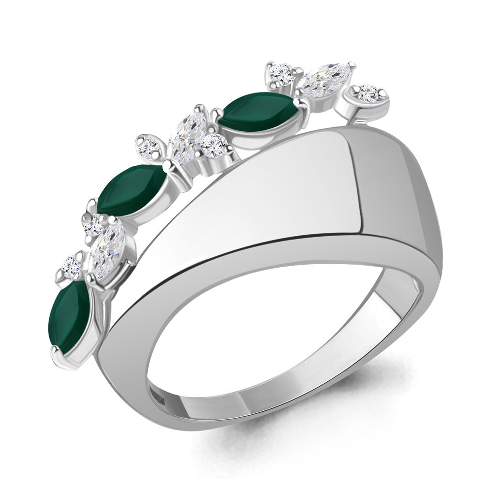 Кольцо широкое, серебро, 925 проба, родирование, фианит, агат