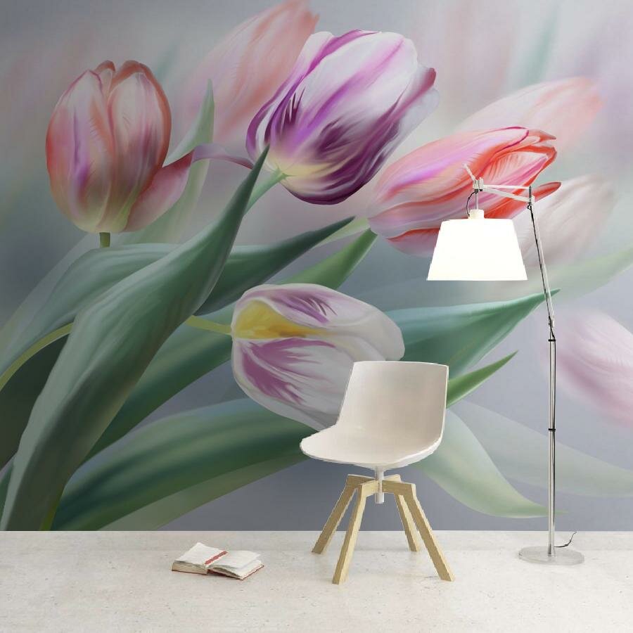 Фотообои Тюльпаны яркая акварель 13-750-S-Флок 270 x 200 см (ВхШ) S, флизелиновые, влагостойкие обои