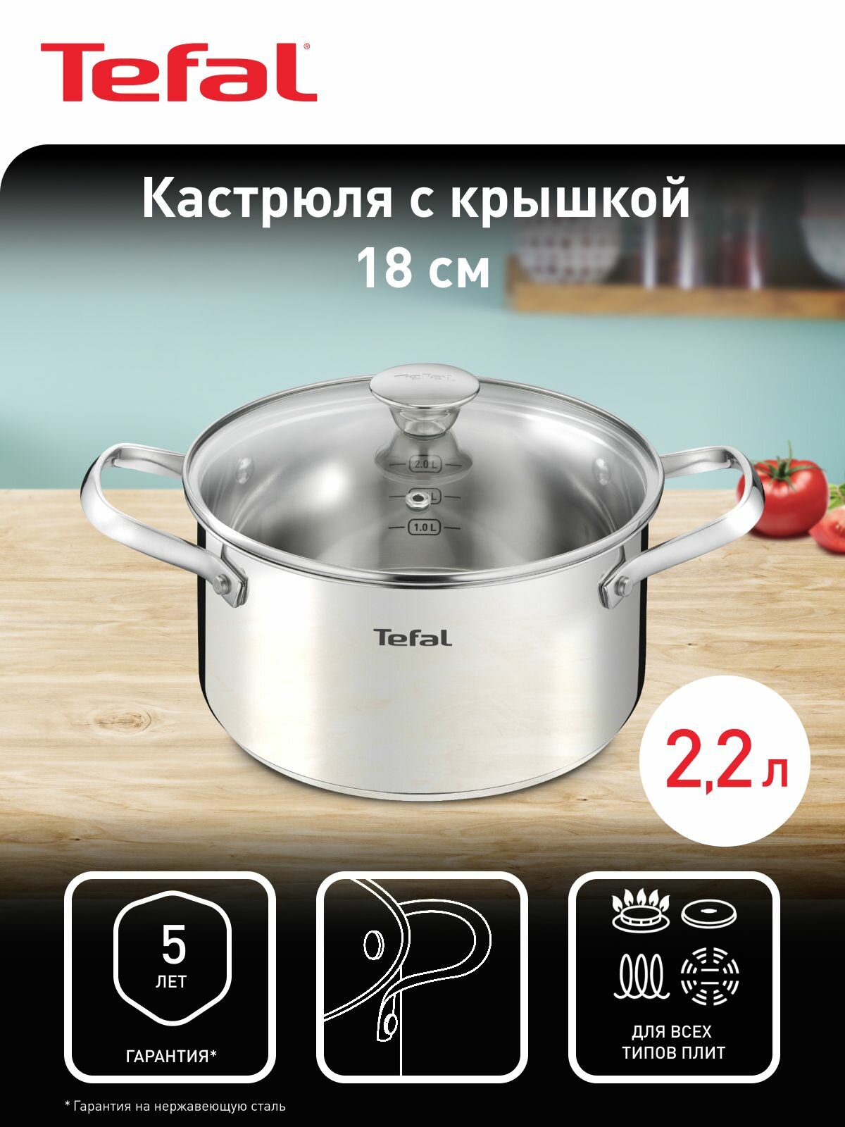 Кастрюля с крышкой 2.2 л 18 см Tefal Cook Eat B9214374, из нержавеющей стали, с мерной шкалой, для всех типов плит, включая индукционные, гарантия на нержавеющую сталь 5 лет