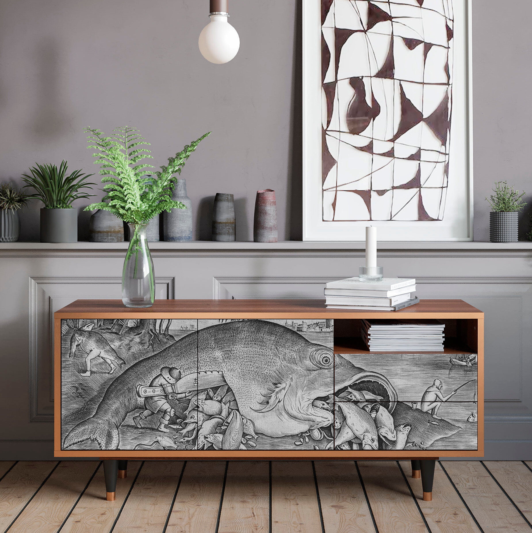 ТВ-Тумба - STORYZ - T7 Big Fish Eat Little Fish by Pieter Bruegel, Размер - 125 x 56 x 41 см, Цвет корпуса - , Орех