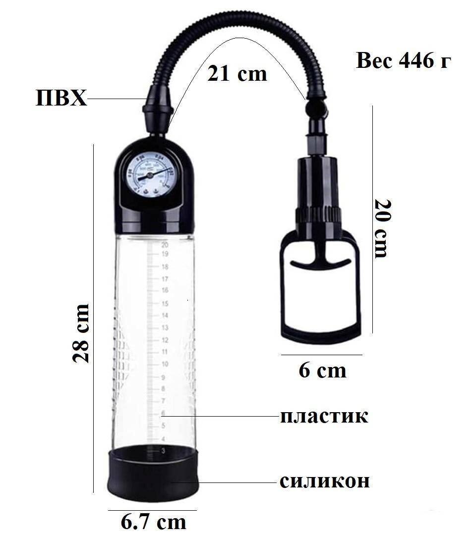 Помпа мужская вакуумная механическая с манометром и 4-мя насадками-уплотнителями