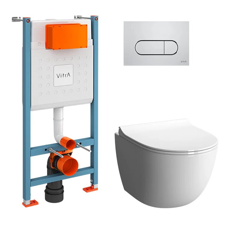 Комплект 4 в 1 VitrA 9830B003-7212 Унитаз подвесной безободковый, с микролифтом / Система инсталляции / Кнопка смыва глянцевый хром