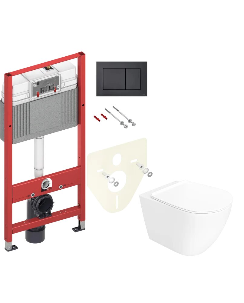 Комплект 4 в 1: Инсталляция TECE Now 9400414 / Унитаз подвесной STWORKI Готланд S13401WH / Кнопка черная, Комплект шумоизоляции, креплений
