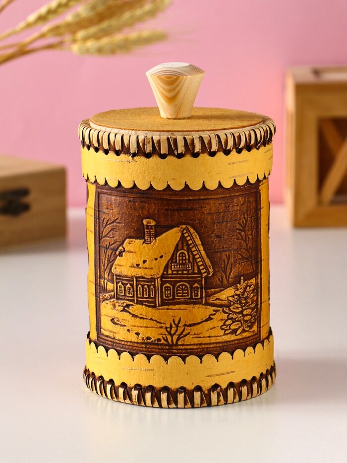 Туес шитый «Домики», банка для хранения, береста