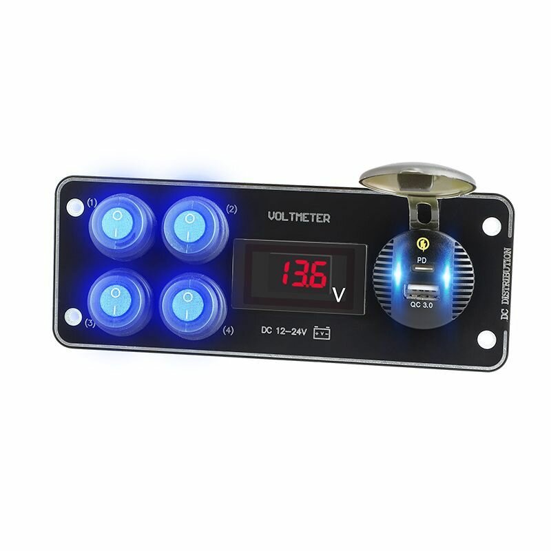 Врезной зарядник USB для автомобиля 12V 24V с розеткой прикуривателя, вольтметром и быстрой зарядкой QC3.0 PD Type-C