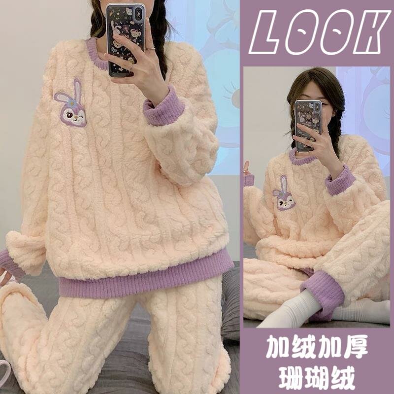 Пижама женская зимняя кораллового флиса утолщенная молодежная осенне-зимняя милая фланелевая домашняя одежда костюм, weight,60-70kg