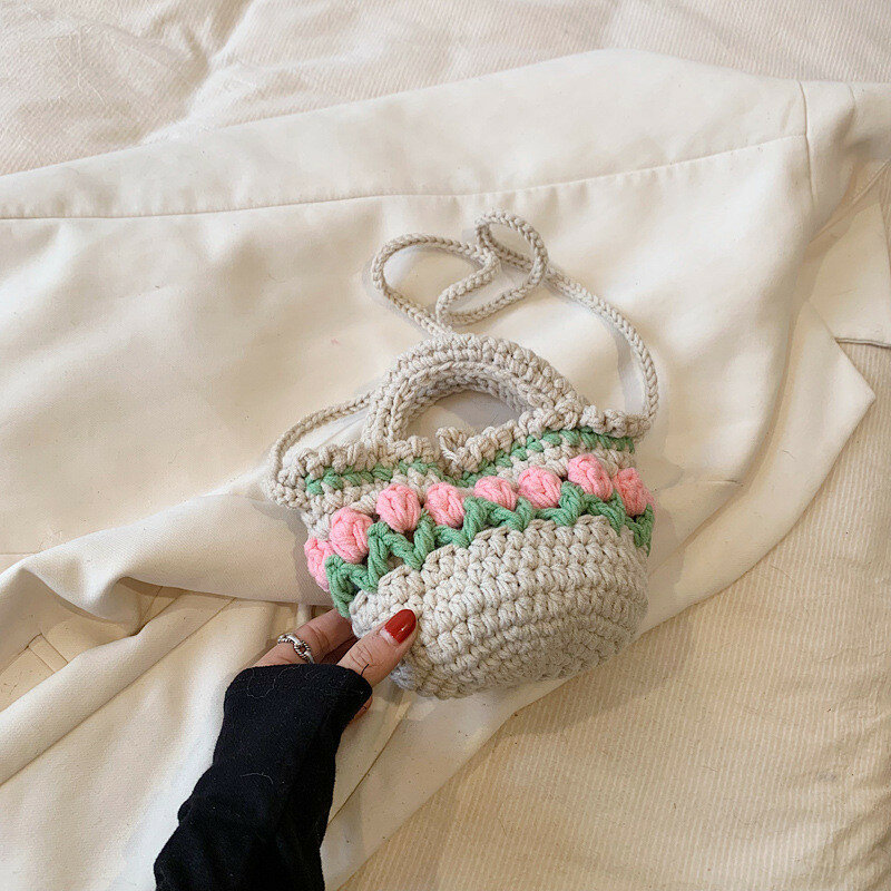 Милый корейский вязаный цветочный рюкзак для детей унисекс, модная сумка-торба, корзина для риса